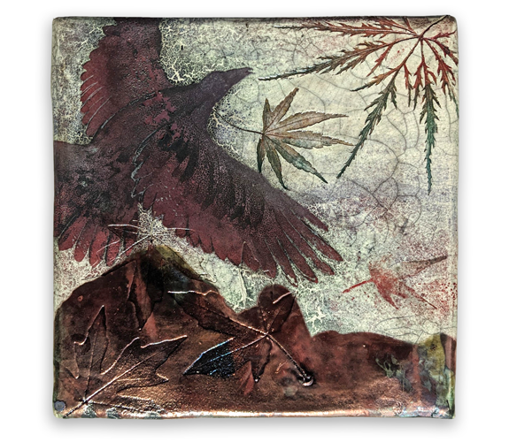 Childhood's End Gallery | "Raven Flight, Ferns, Maple" Raku Wall Square ...